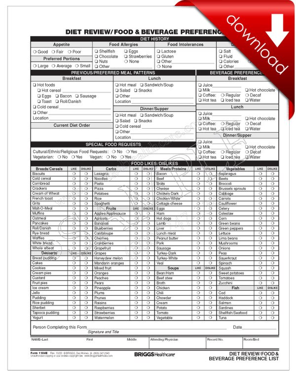 Diet History/Food Preference List - DIGITAL FORM