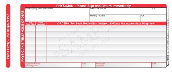 Physicians Telephone Order 3-Part Form