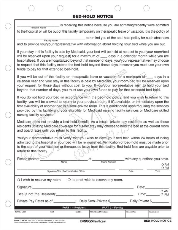 Bed Hold Notice