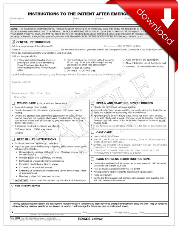 Instructions to Patient after Emergency Care - DIGITAL FORM