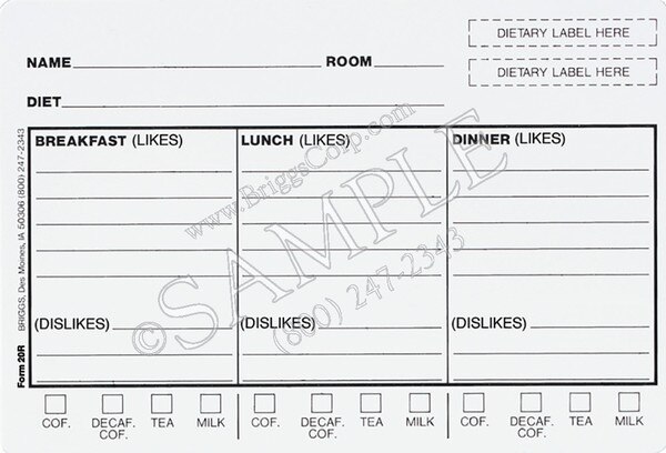 Plastic Diet Tray Card