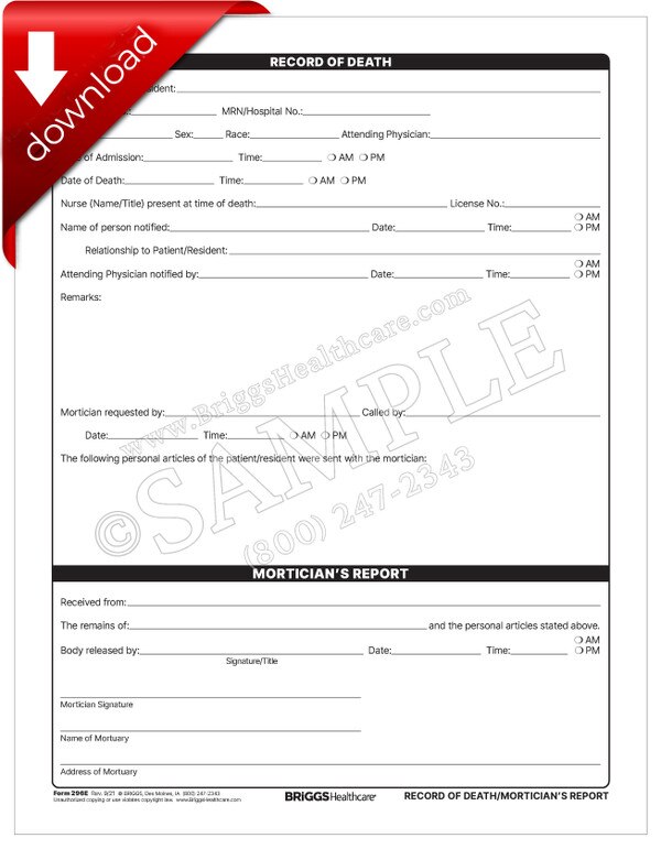 Record of Death/Mortician's Report - DIGITAL FORM