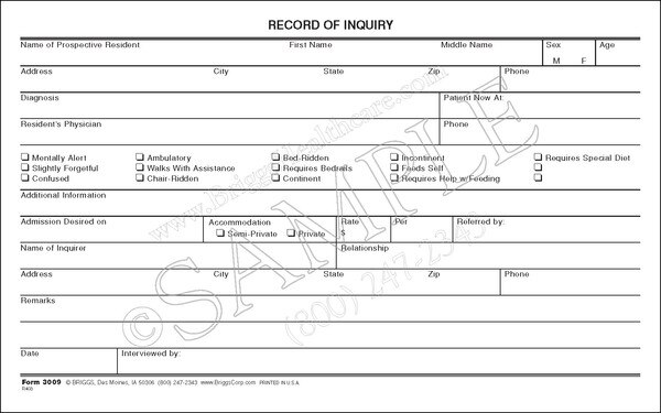 Assisted Living Record of Inquiry Form