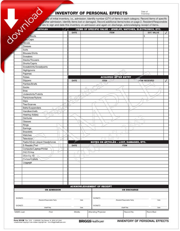 Inventory of Personal Effects - DIGITAL FORM