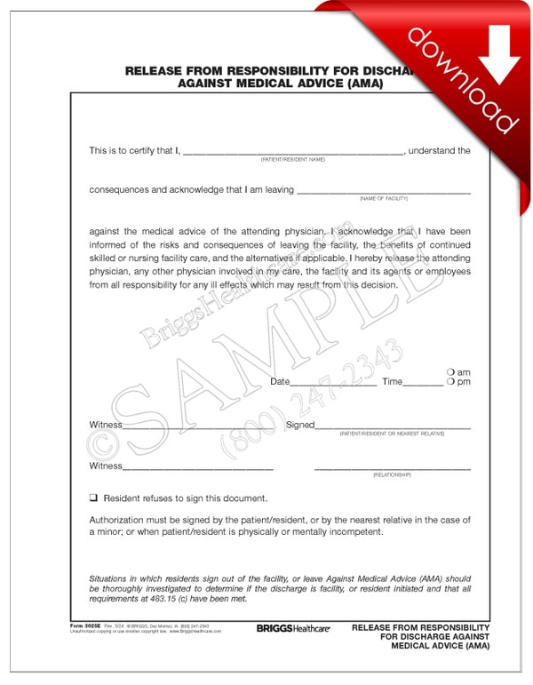 Release from Responsibility for Discharge Against Medical Advice (AMA ...