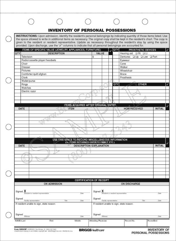 Inventory Of Personal Possessions 2-Part Form, Carbonless