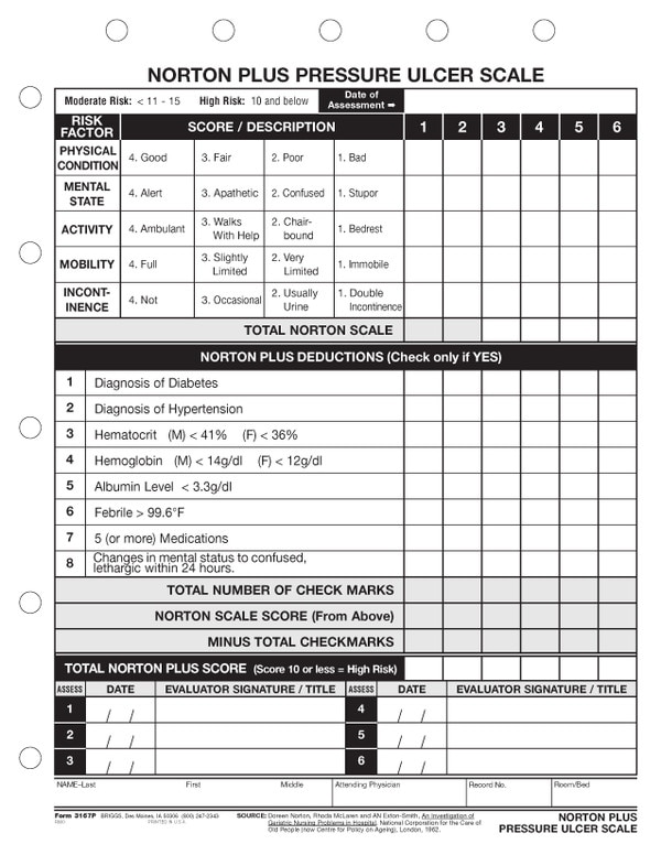 Norton Plus Pressure Ulcer Scale Form