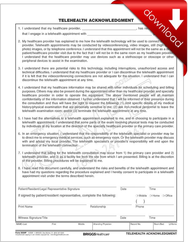 Telehealth Acknowledgment - DIGITAL FORM
