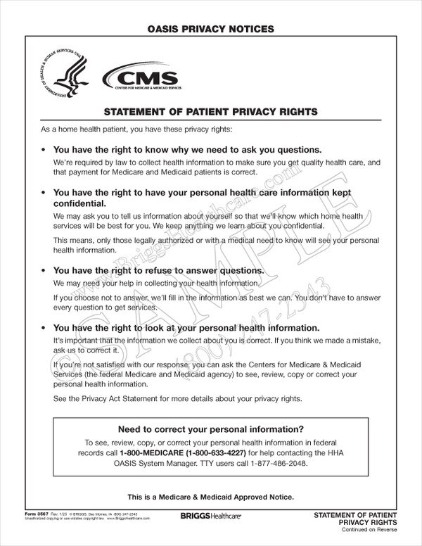 OASIS Privacy Notices - Statement of Patient Privacy Rights/Privacy Act