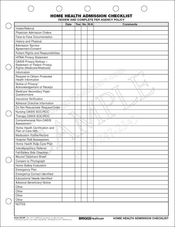 Home Health Admission Checklist