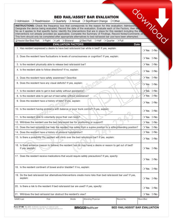 Bed Rail/Assist Bar Evaluation - DIGITAL FORM