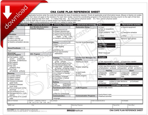 CNA Care Plan Reference Sheet– DIGITAL FORM