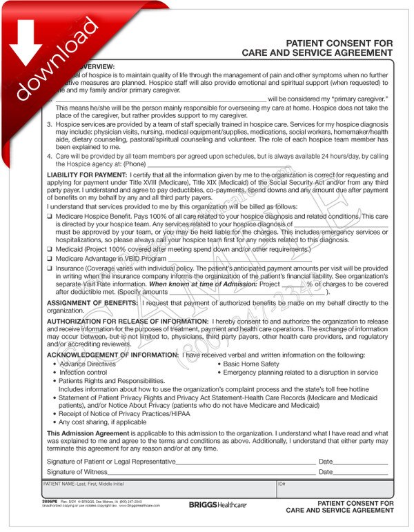 Patient Consent for Care and Service Agreement - Hospice - DIGITAL FORM
