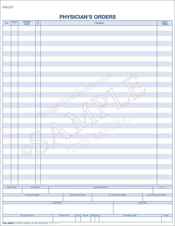 Physicians Orders 3-Part Form