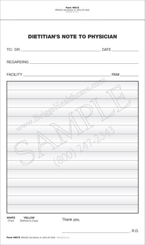 Dietitians Note to Physician Form