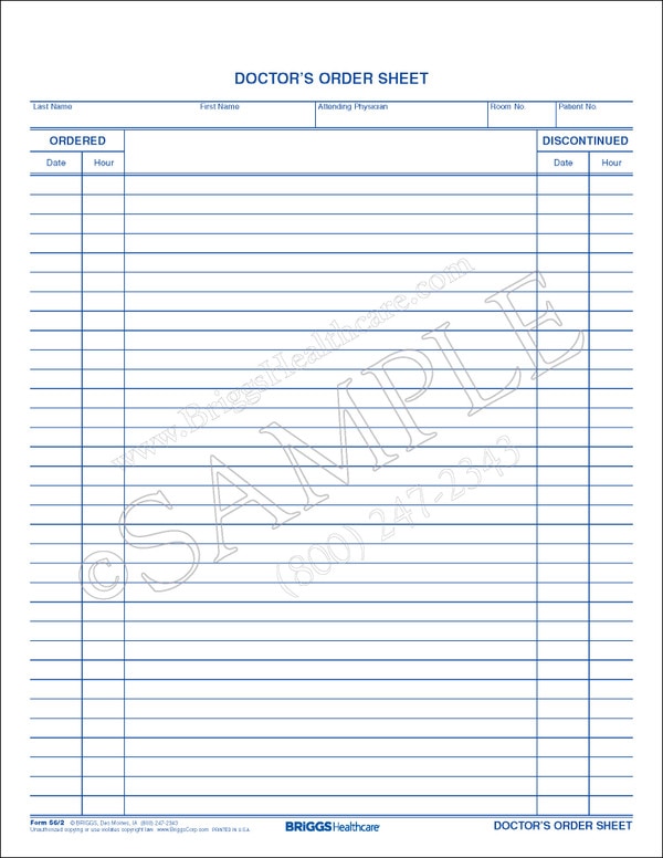Doctors Order Sheet - 2 Sided