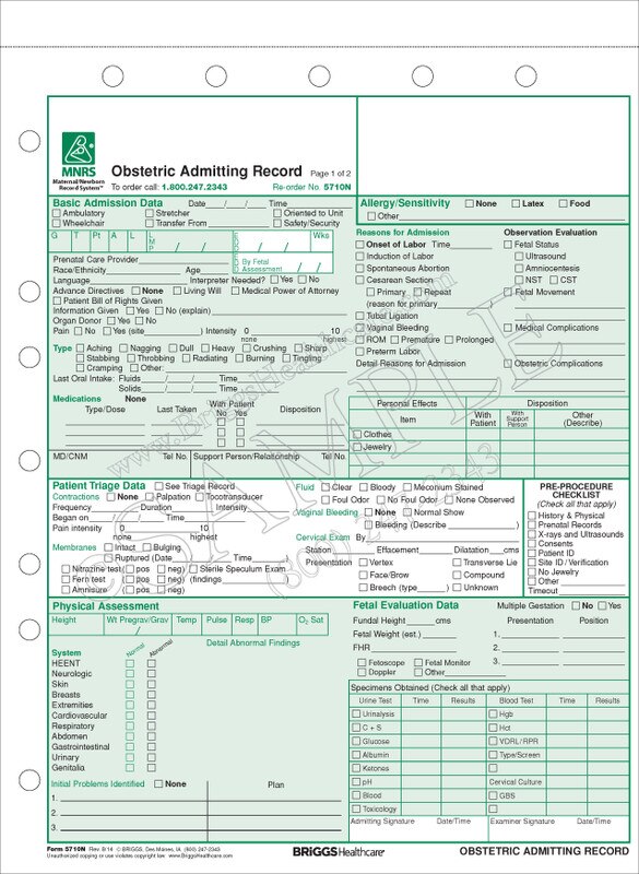 Obstetric Admitting Record Form