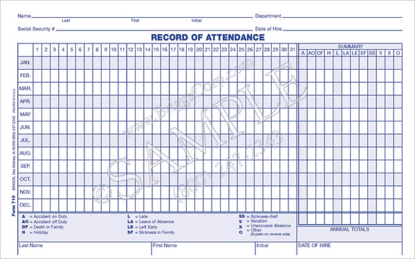 Employee Record of Attendance Card