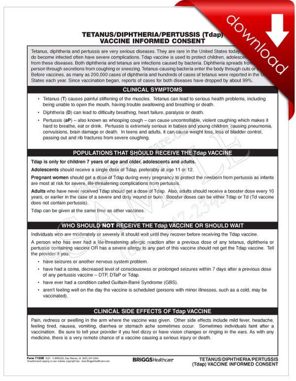 Tetanus/Diphtheria/Pertussis (Tdap) Vaccine Informed Consent - DIGITAL FORM