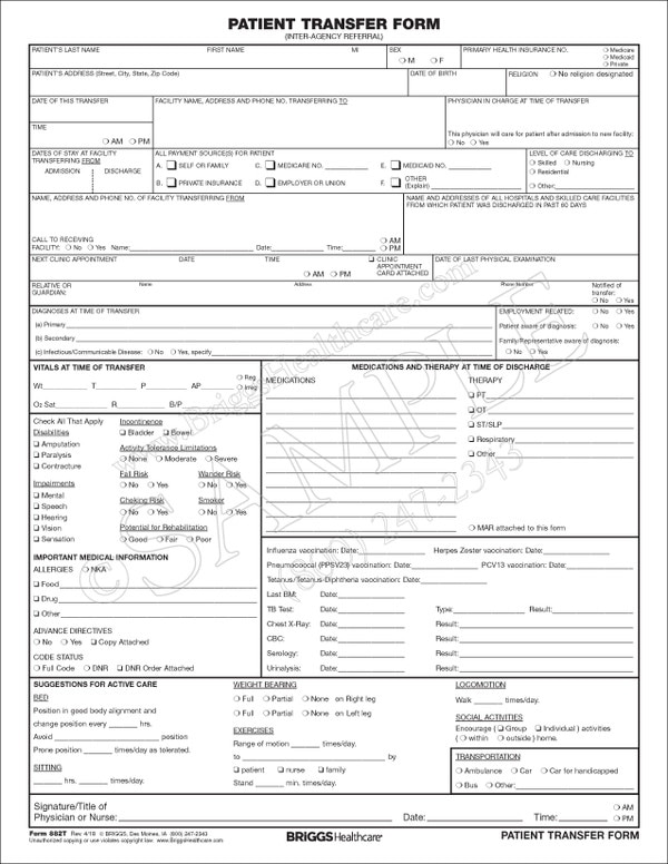 Patient Transfer 3-Part Form - CLOSEOUT ITEM