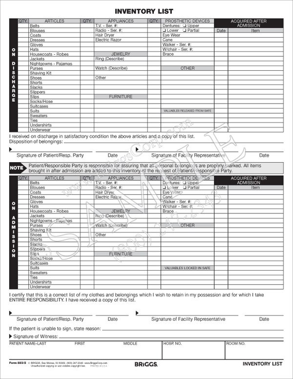 Resident Inventory List-2 Pt Form, Carbonless