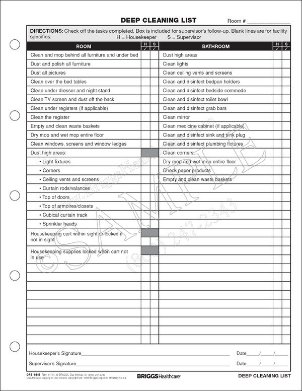 Deep Cleaning List Form : CLOSEOUT ITEM