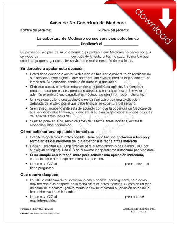 Notice of Medicare Non-Coverage (NOMNC) Spanish - DIGITAL FORM