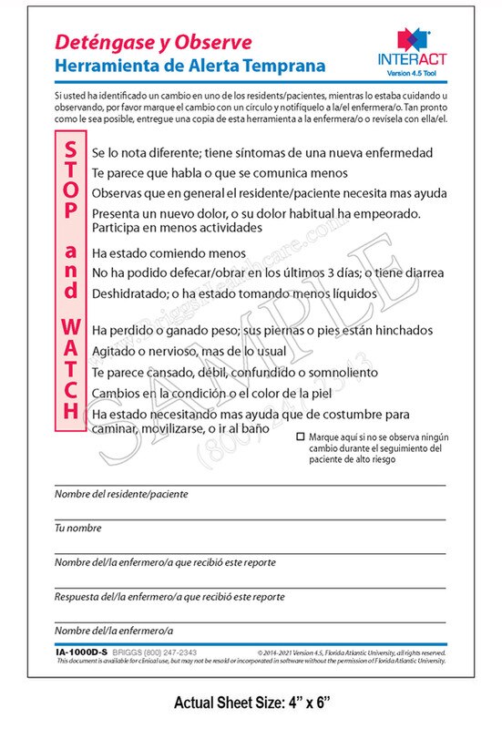 INTERACT® Stop and Watch Early Warning Tool - 2 Part - Spanish