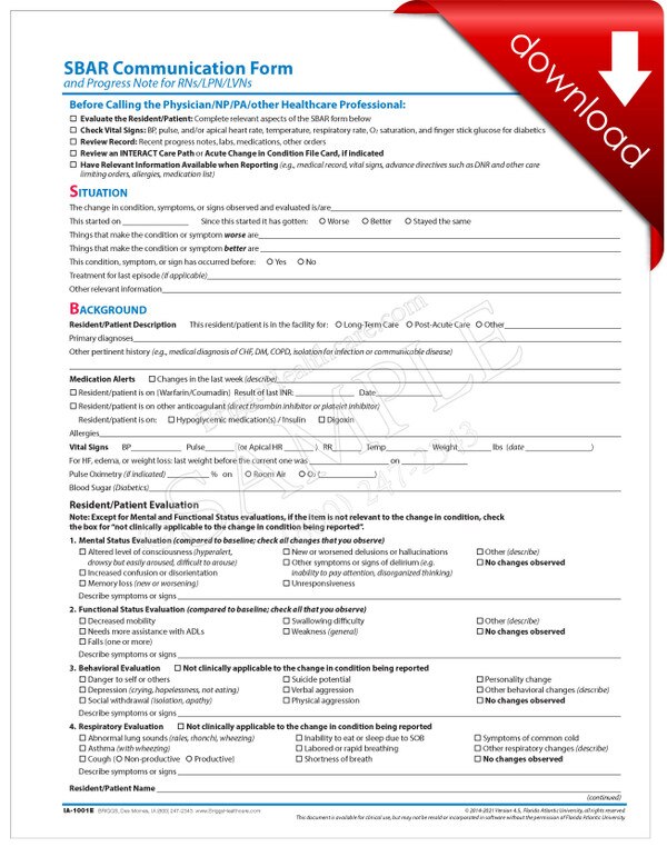 INTERACT® SBAR Communication Form and Progress Note for RNs/LPNs/LVNs ...