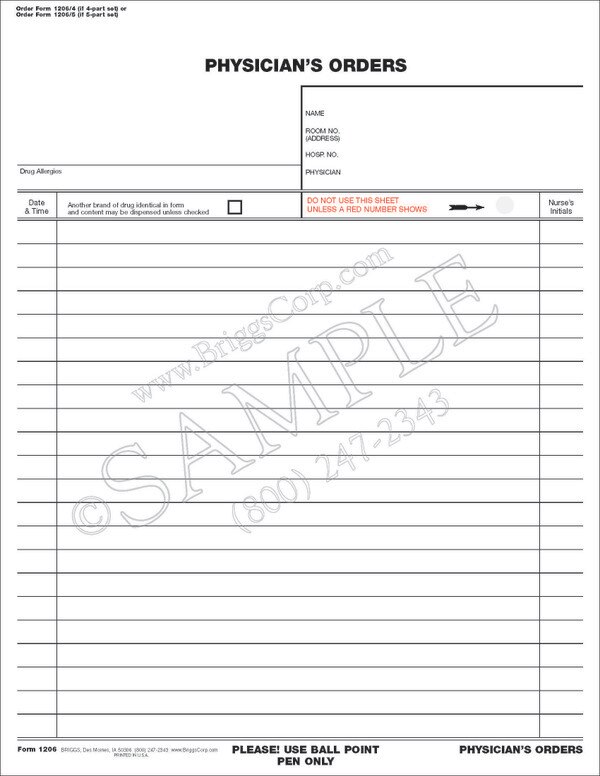 Physician Orders NCR 1206