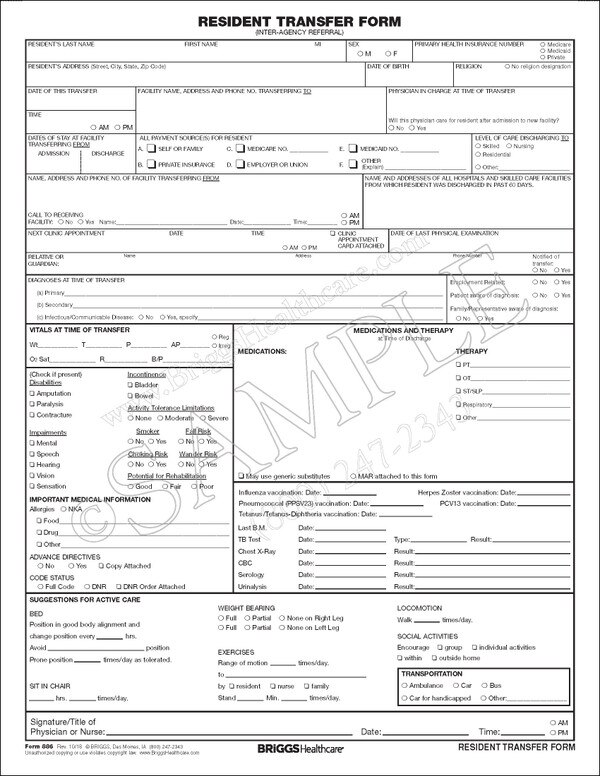 Resident Transfer form 886 - CLOSEOUT ITEM